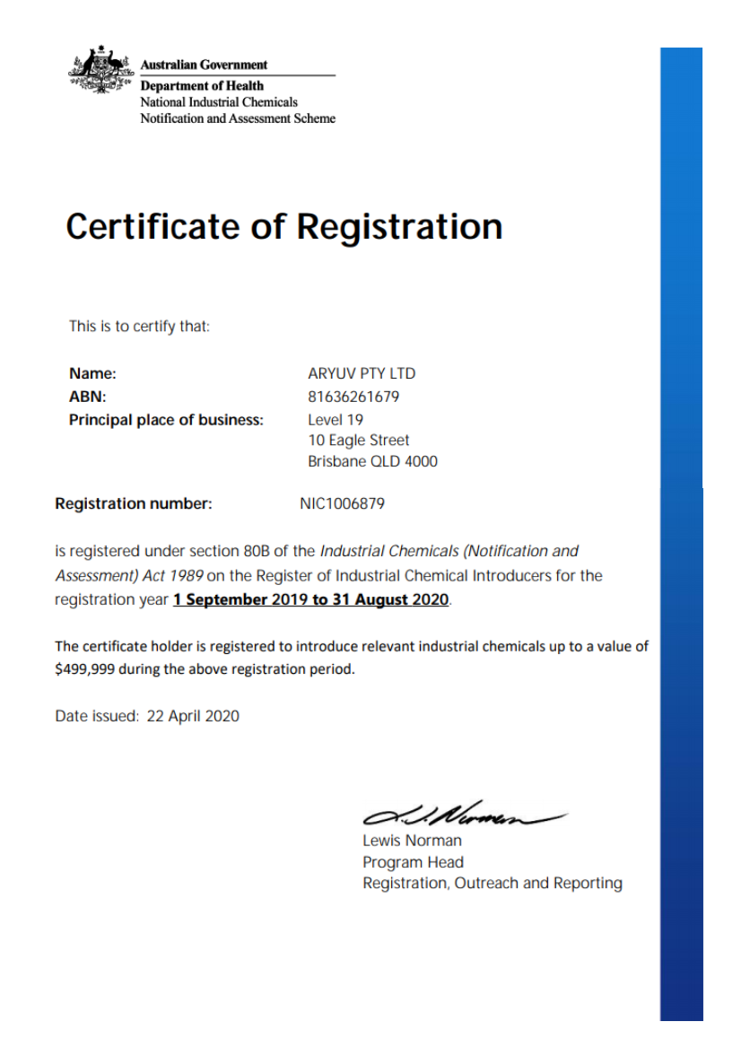 Department of Health Certification of Registration | Znergy Cable